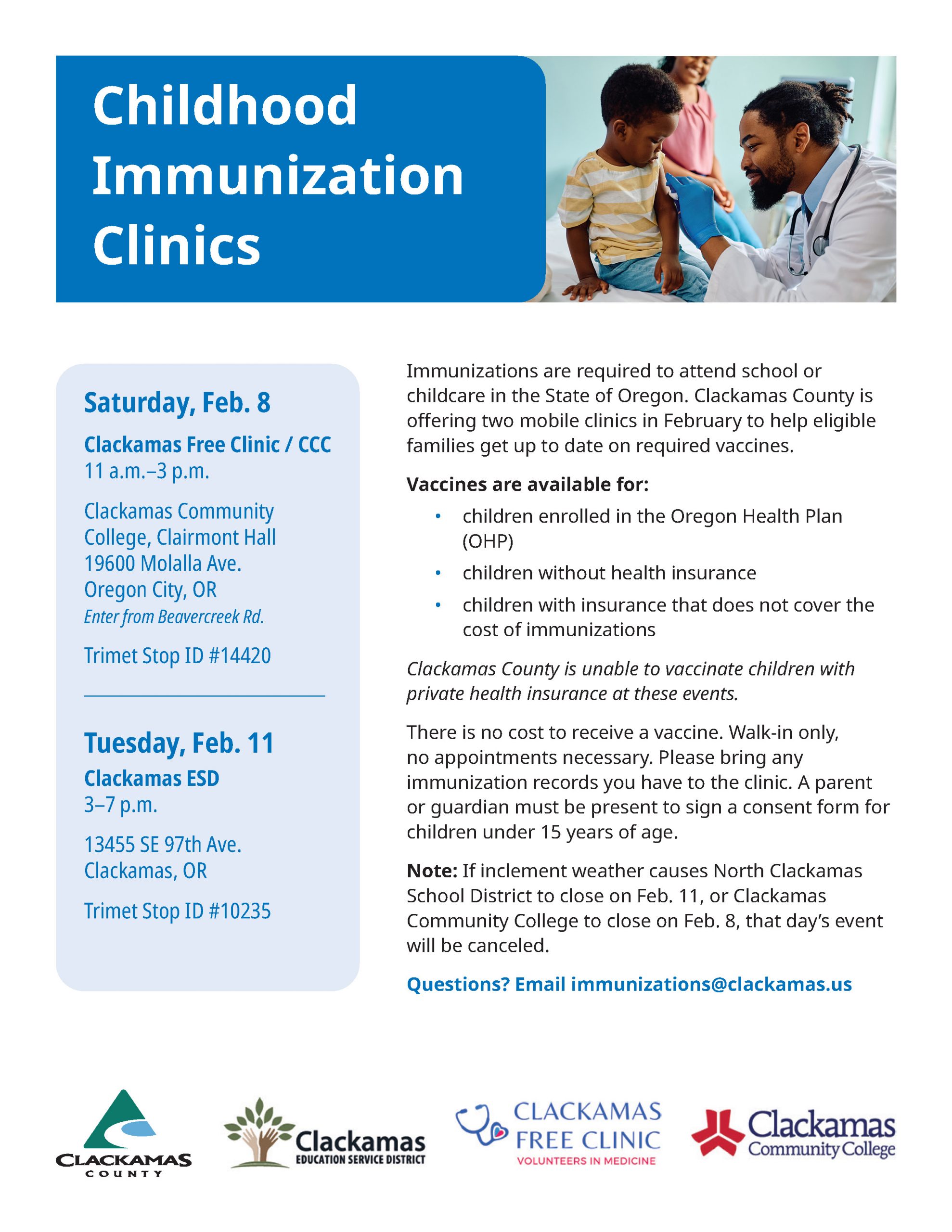 Free walk-in childhood immunization clinic | Clackamas Education ...